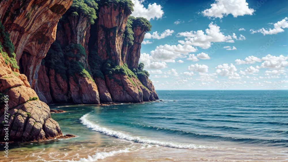 Hidden sandy beach on a remote island with towering tall rocky cliffs ...