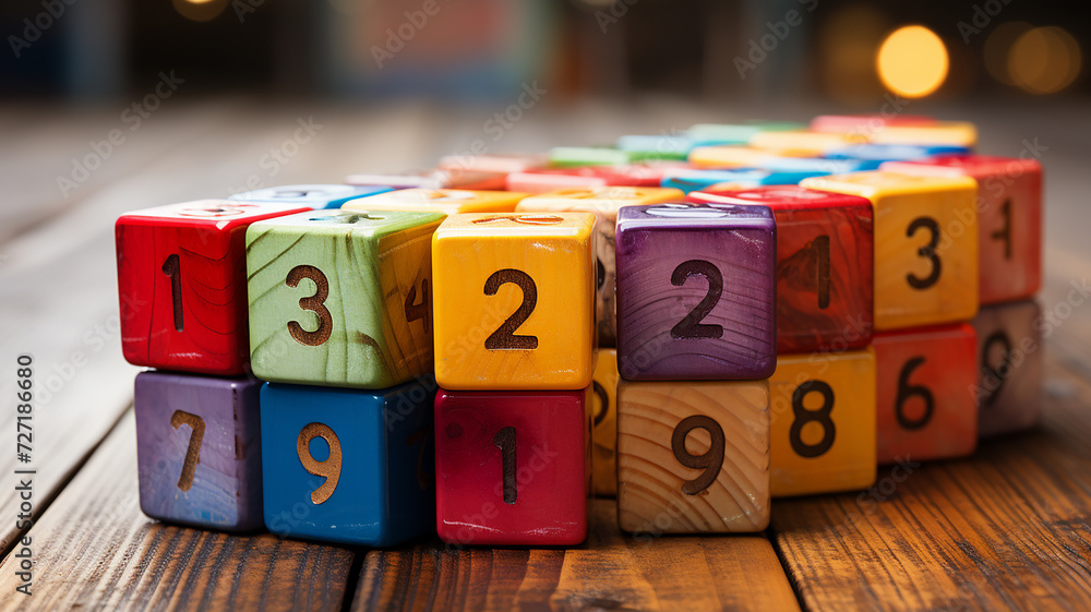 Didactic game for young children of colored wooden blocks with numbers ...