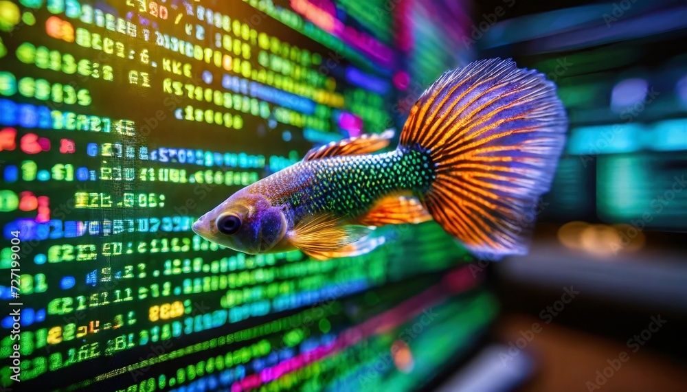 blurred fish tail guppy pet fish digital binary data on computer screen ...