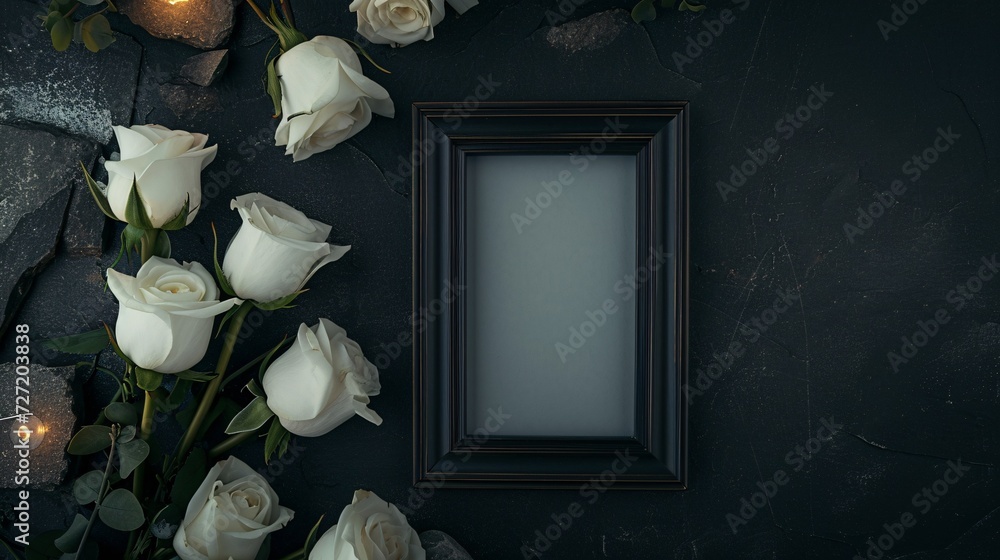 Empty bereavement border for condolence greetings on black backdrop ...