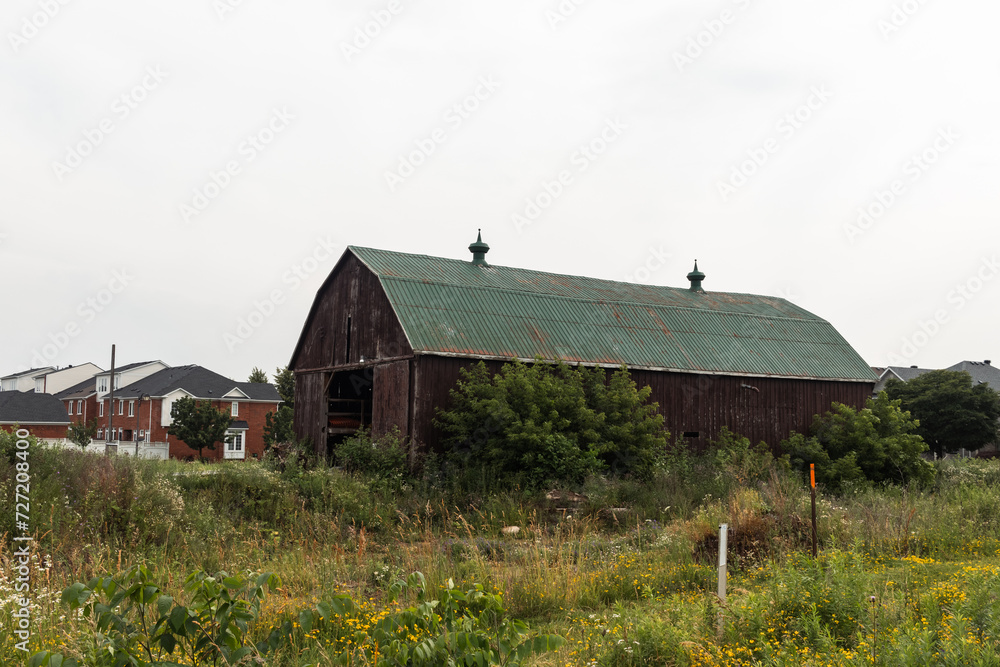 Old wooden barn - weathered texture - green metal roof - surrounded by ...