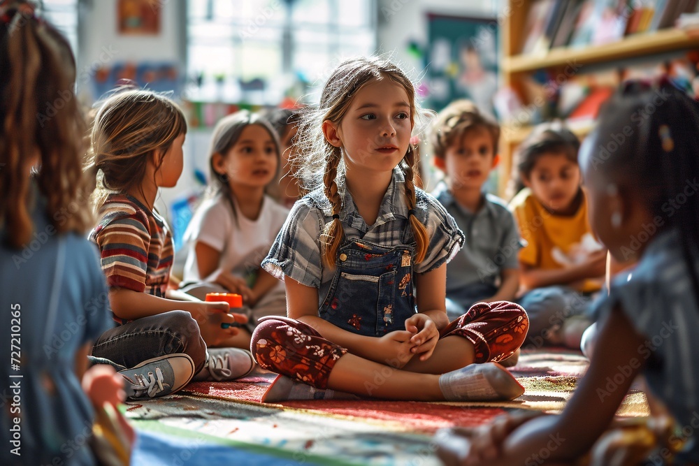 Young students and their nurturing instructor gather in a circle, with ...