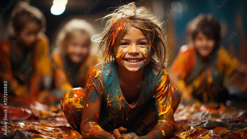 Children covered in paint creating a work of art. Kids with their ...