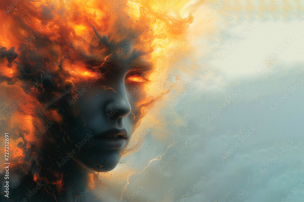 Angry, envy, hate. A visage forged from flames and fury emerges from ...