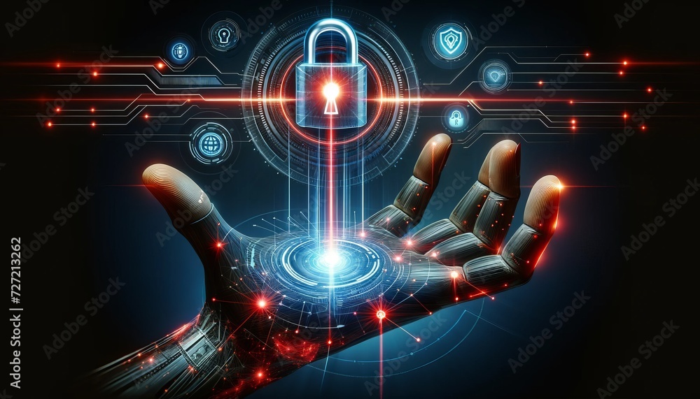 a human hand reached out with a holographic digital key appearing above ...