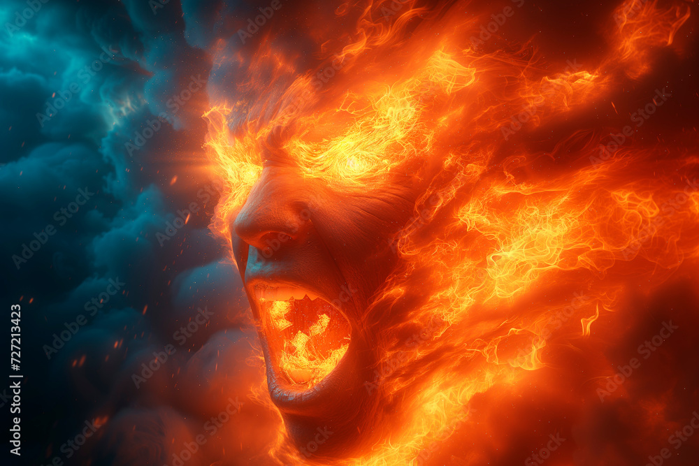 Angry, envy, hate. A visage forged from flames and fury emerges from ...