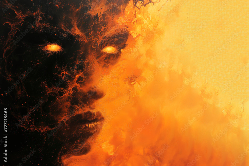 Angry, envy, hate. A visage forged from flames and fury emerges from ...