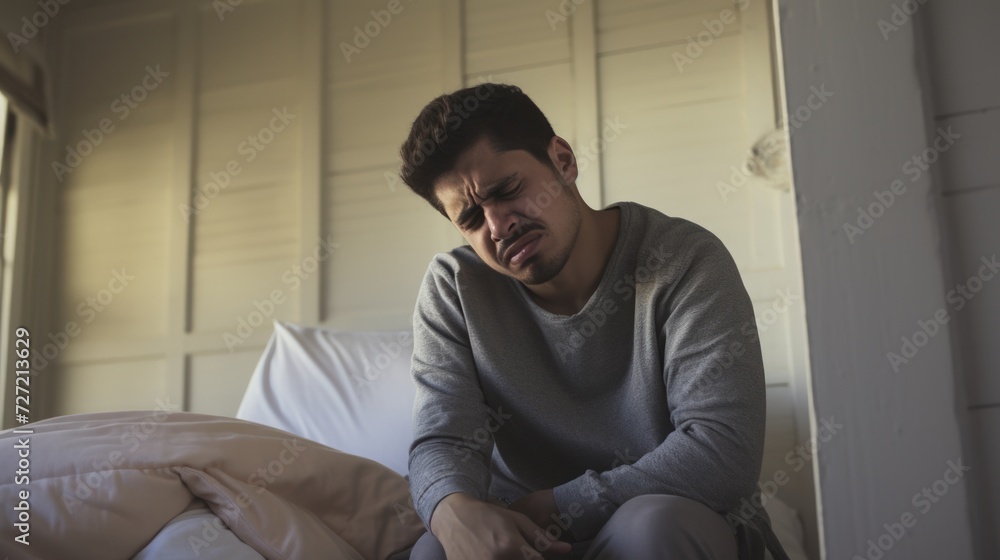 young sad and depressed man suffering depression problem sitting in bed ...