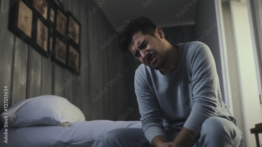 young sad and depressed man suffering depression problem sitting in bed ...