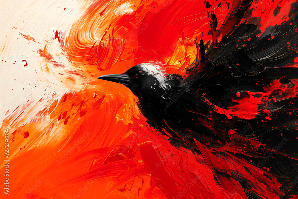 Envy, angry, hate. A flying bird in the fiery clash of red and black ...