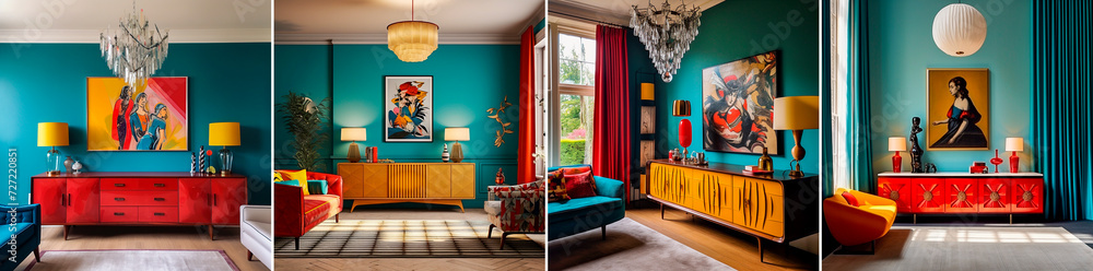Dark turquoise walls create a dramatic and sophisticated atmosphere. An ...