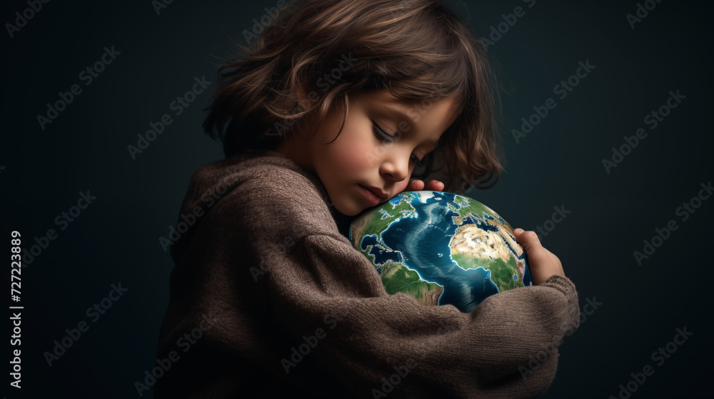 Young child hugging earth, save planet, earth day, sustainable living ...