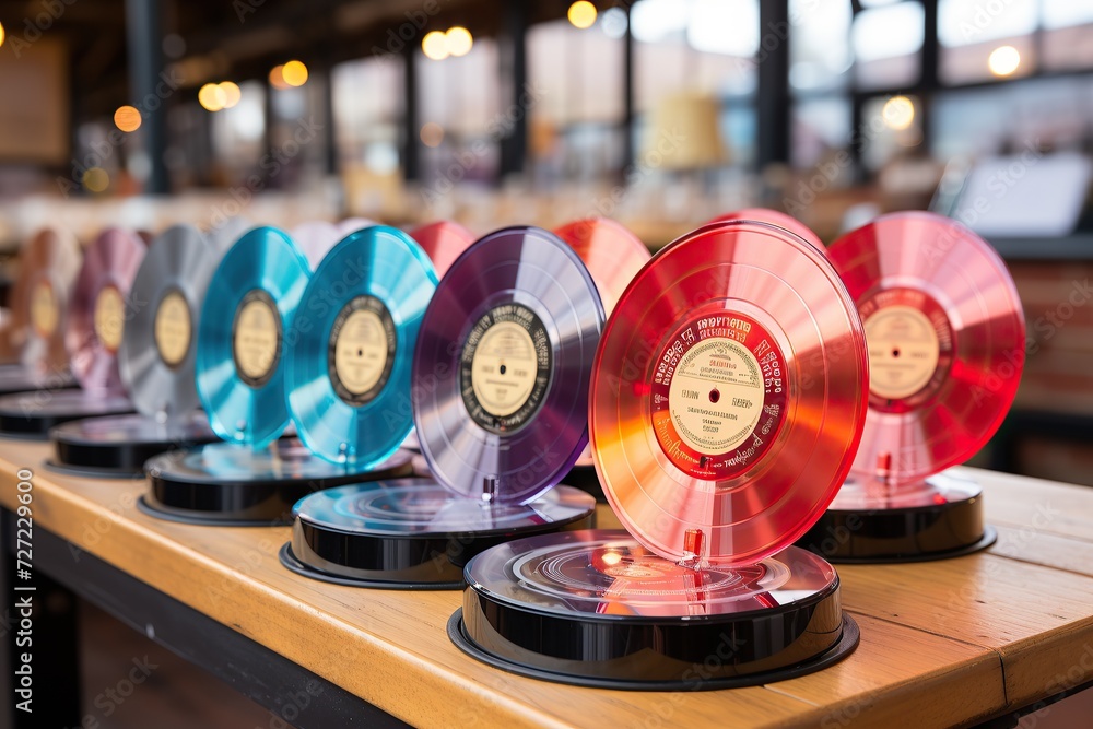 Translucent colored vinyl records displayed on stands in a modern music ...