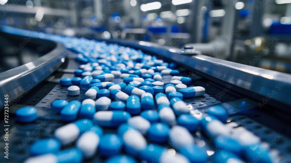 Capsules of blue flowers move along the conveyor of a modern ...