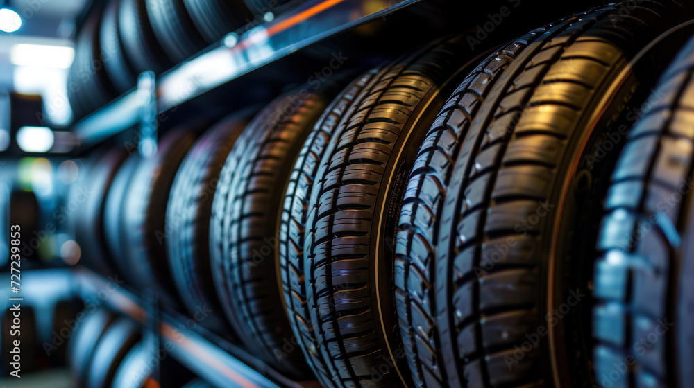 Rack for storing tires in a car repair shop. New tires are placed on ...