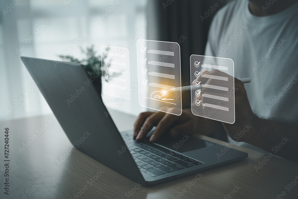 Electronic signature or checking list, Business man using pen checking ...