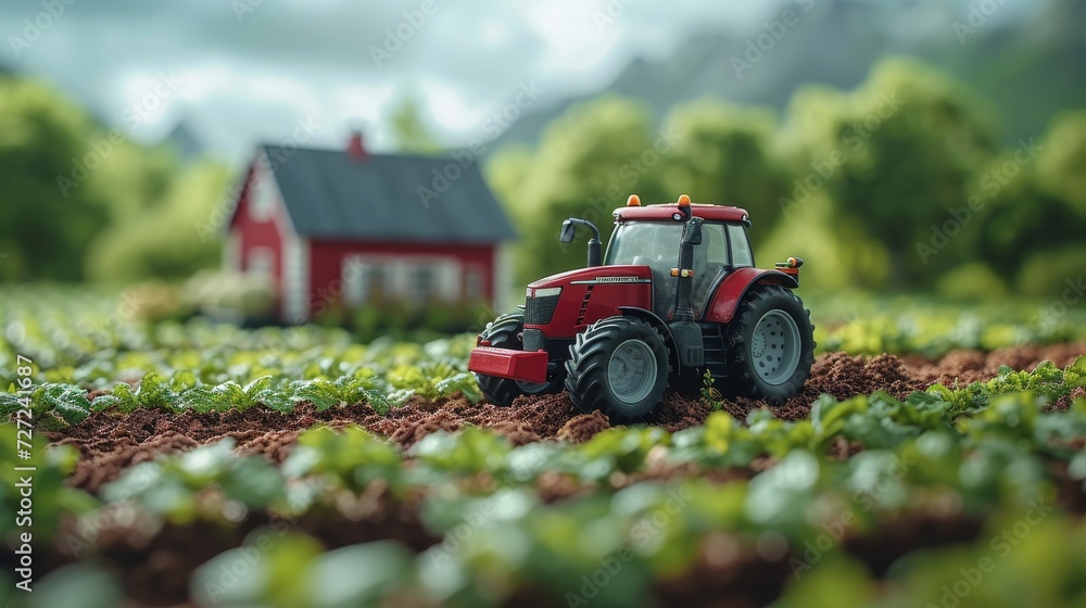 The farmer harvests crops with his tractor on a piece of farm land in ...