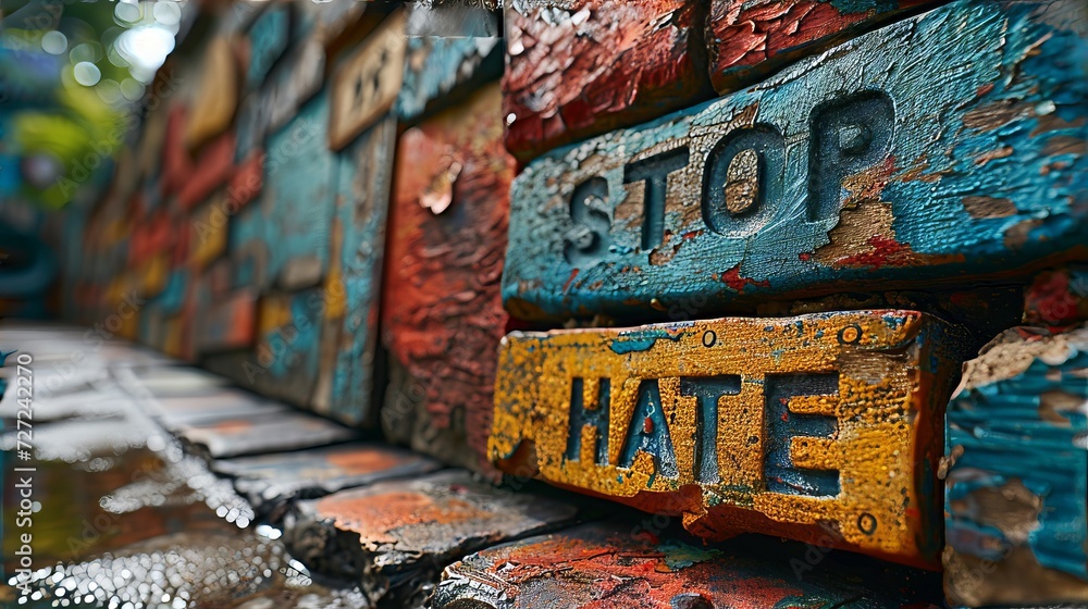 The inscription on the stone wall says "Stop Hate". Concept: a call to ...