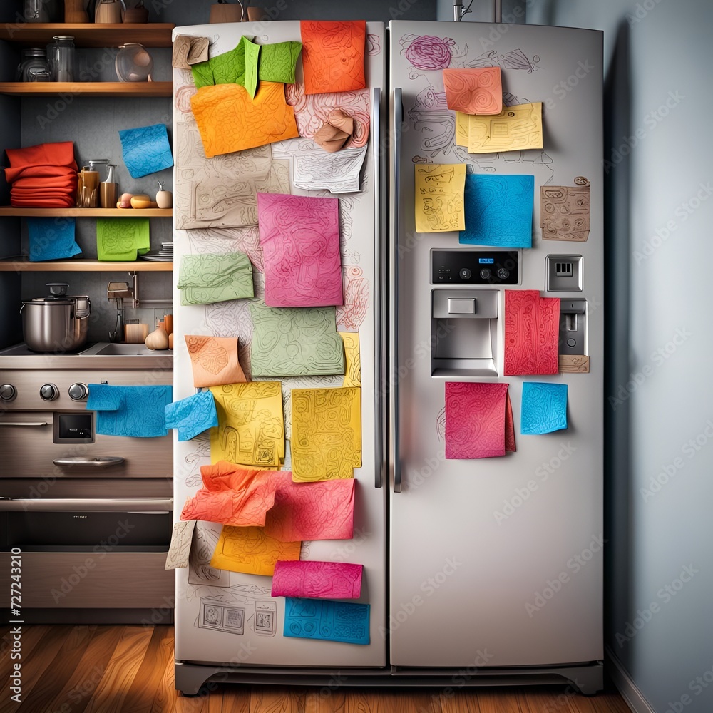 Refrigerator Covered in Sticky Notes and Magnets. Generative AI. Stock ...