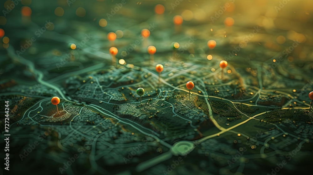 A high-tech digital map showcases a network of location pins ...