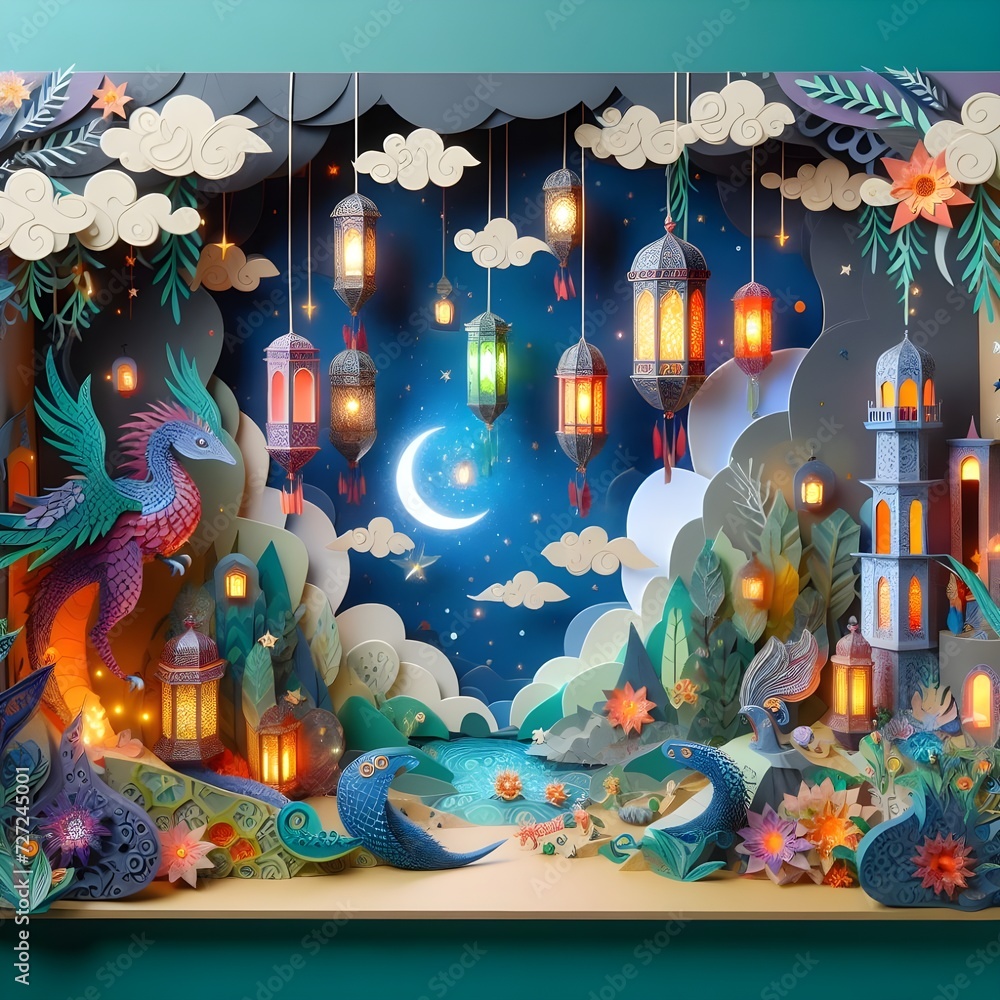 A whimsical paper diorama collage depicting a surreal Ramadan night ...