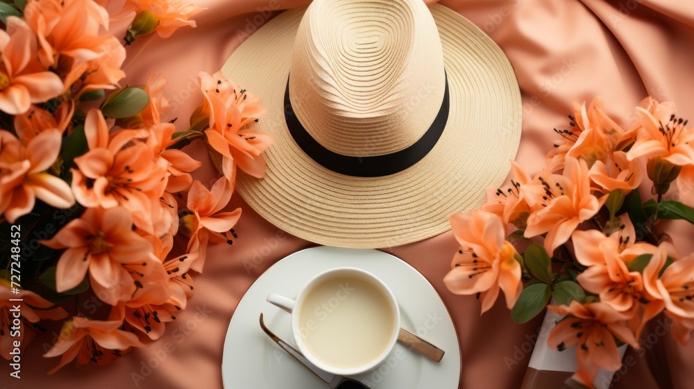 Stylish minimalistic tea set with a white cup on a saucer, located on a ...