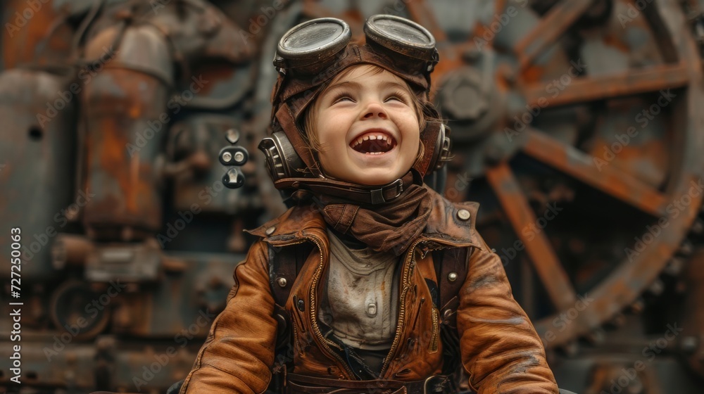 Realistic portrayal of a child in steampunk attire in a post ...