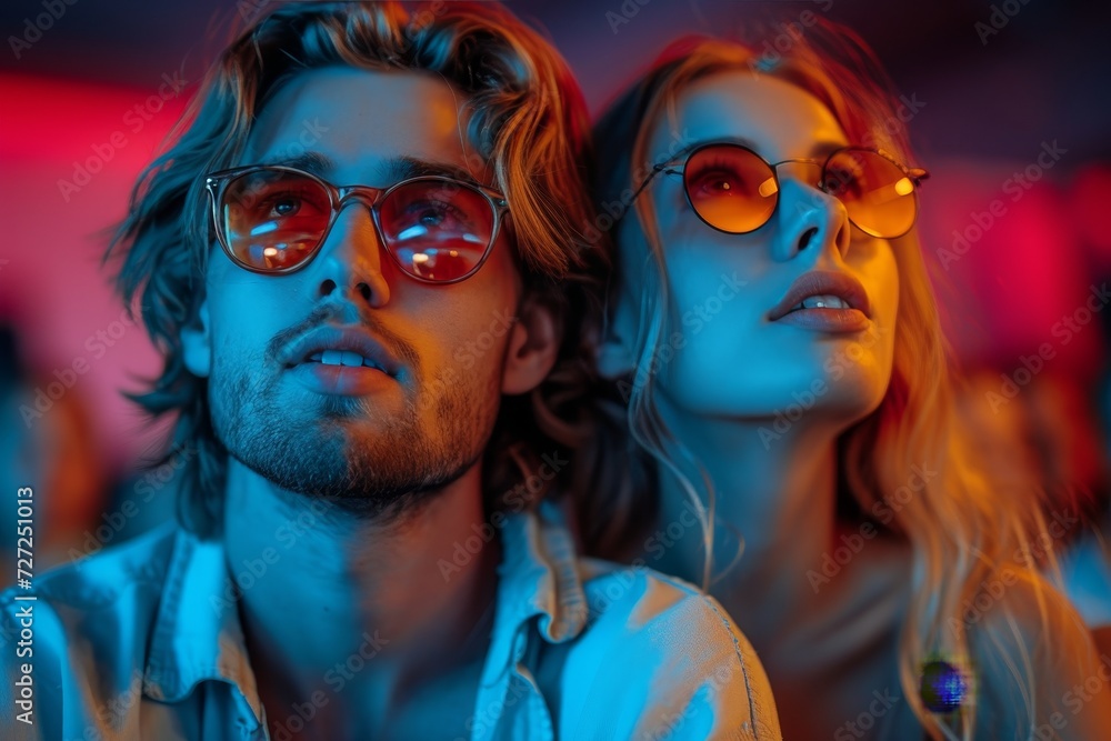 A stylish couple, their faces hidden behind tinted shades, exude a cool ...