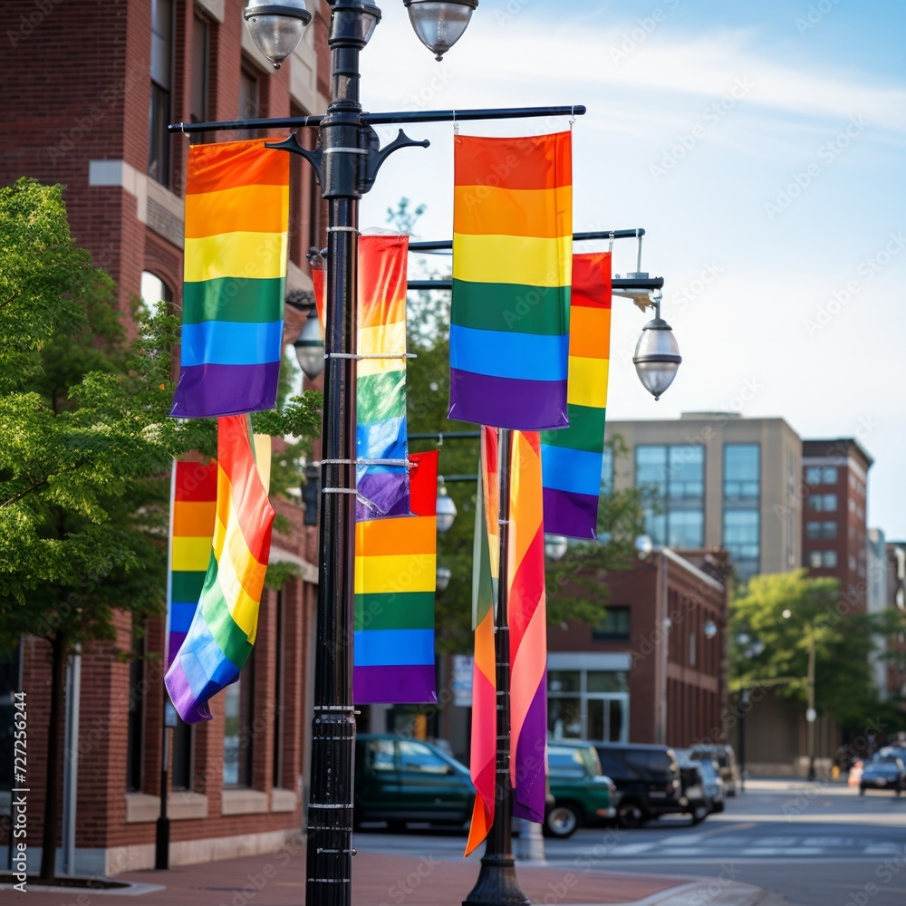Stock image of LGBTQ pride flags and symbols displayed in public spaces ...
