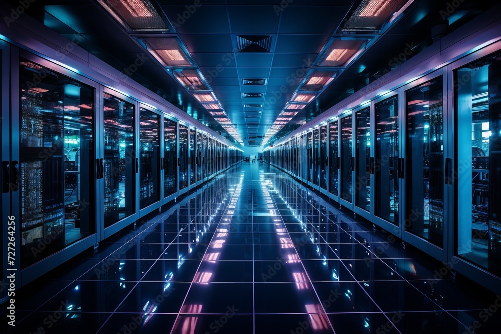 Data center interior with rows of servers and advanced cooling systems ...