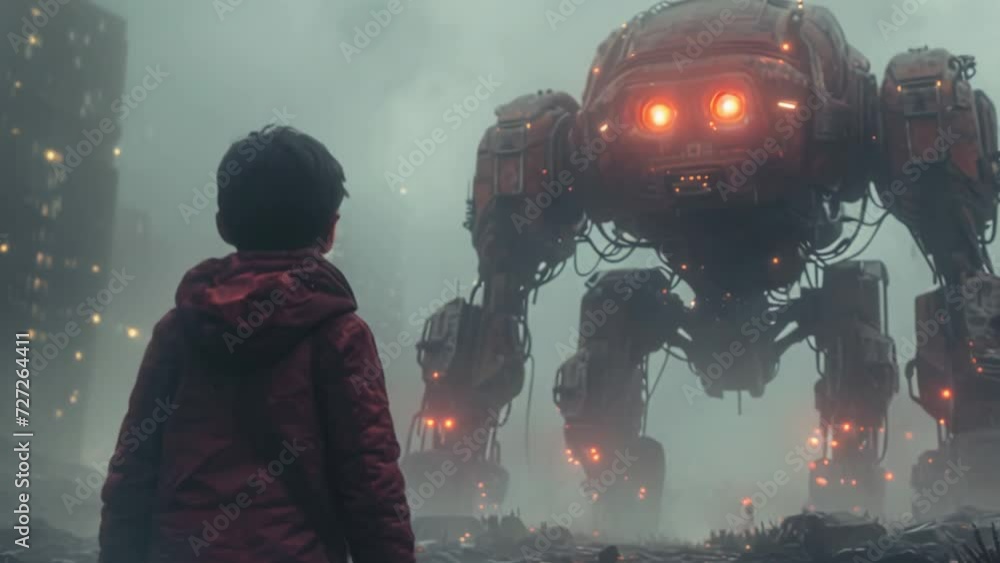 Vidéo Stock Boy watch giant robots invasion. Rise of Machines concept. Scary future. Cyborg ...