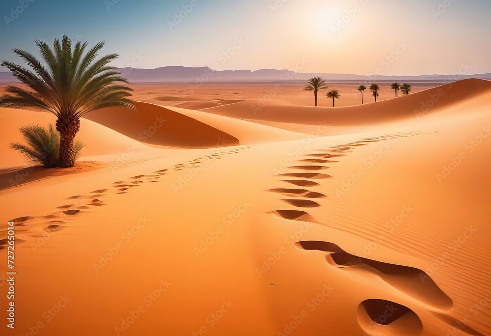 Traces of a caravan and a person on the sand in the hot Sahara, an ...