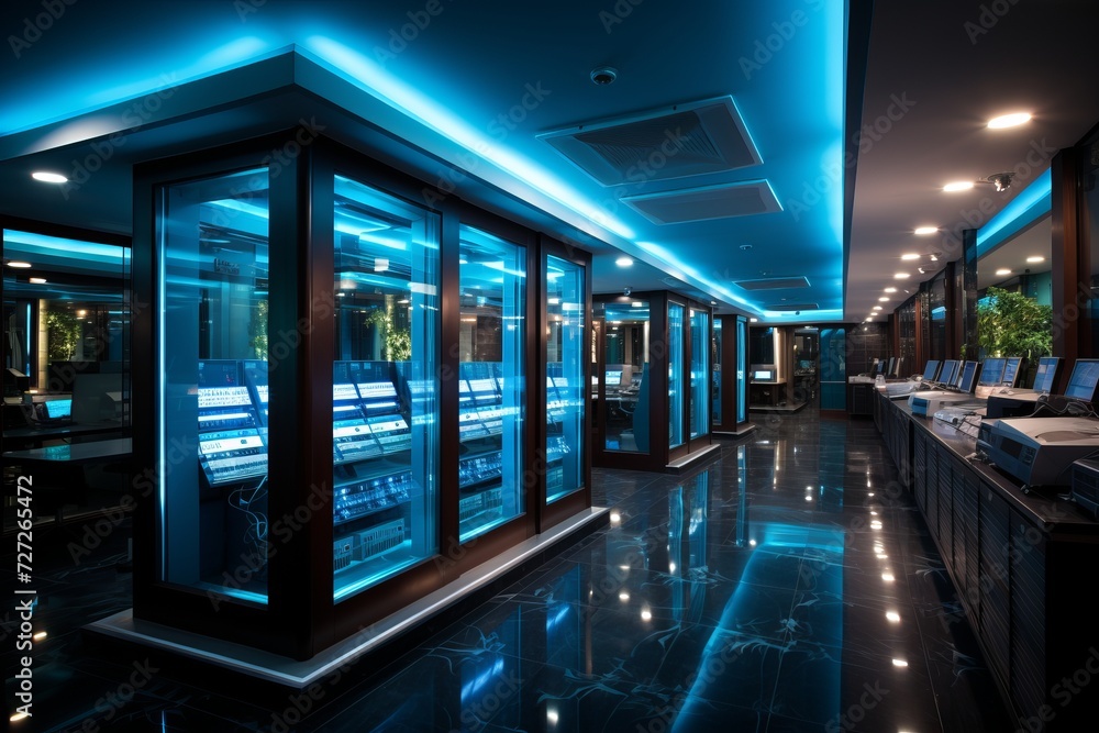 Data center interior with rows of servers and advanced cooling systems ...