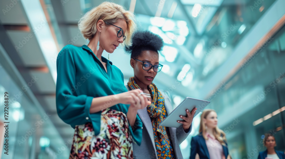 two professional happily engaging in a conversation, with one holding a ...