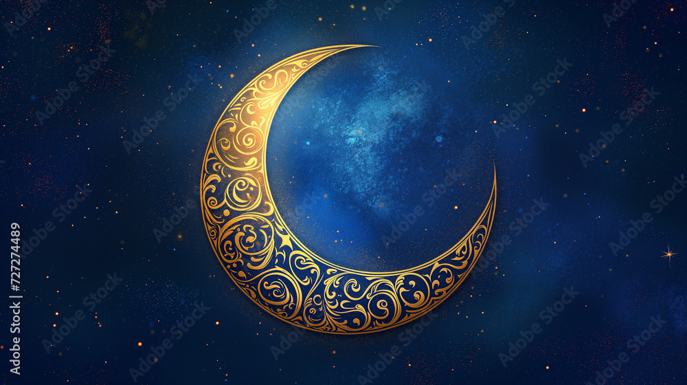 Beautiful Crescent Moon with Gold Pattern, Abstract Blue Background ...