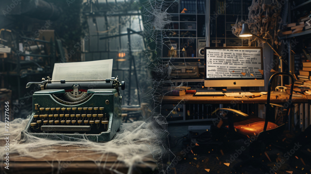 A split image featuring a dusty attic with an old typewriter covered in ...