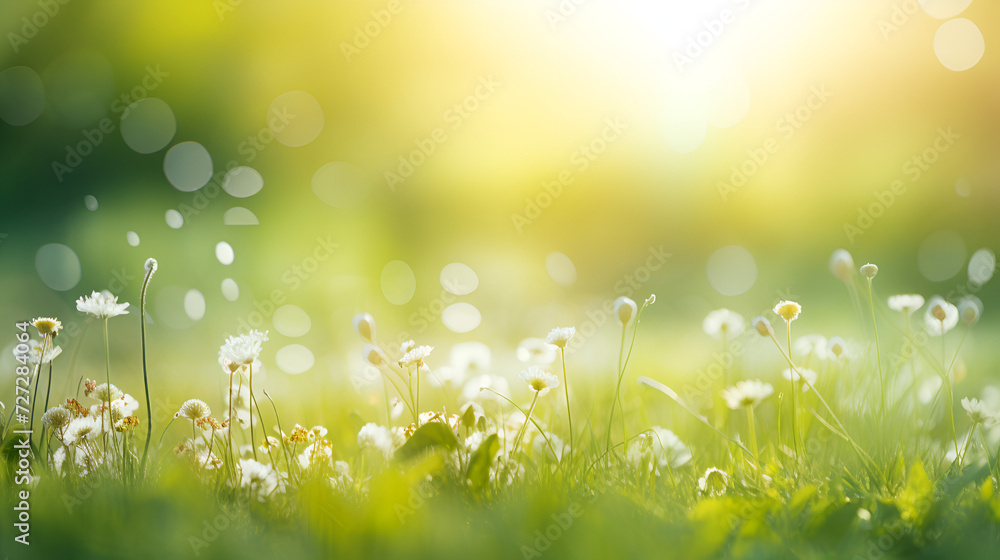 Beautiful gentle spring landscape, dew on grass on natural background ...