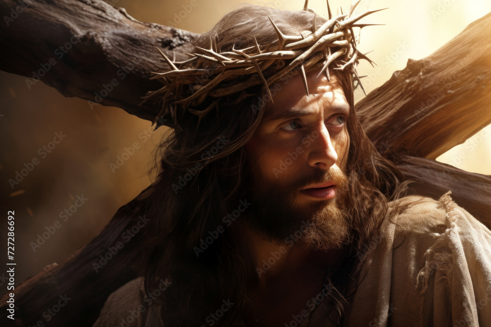 Jesus Christ bearing crown of thorns and heavy cross on his shoulder ...