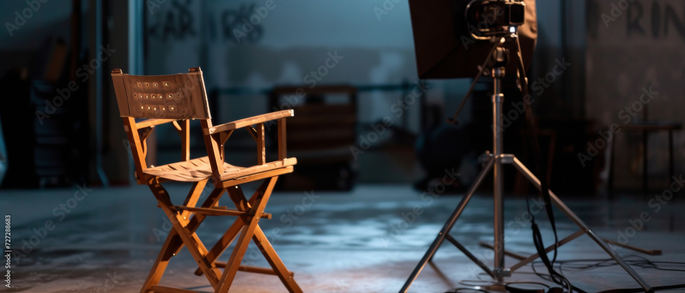 The back of a director's chair on a film set, hinting at the unseen ...
