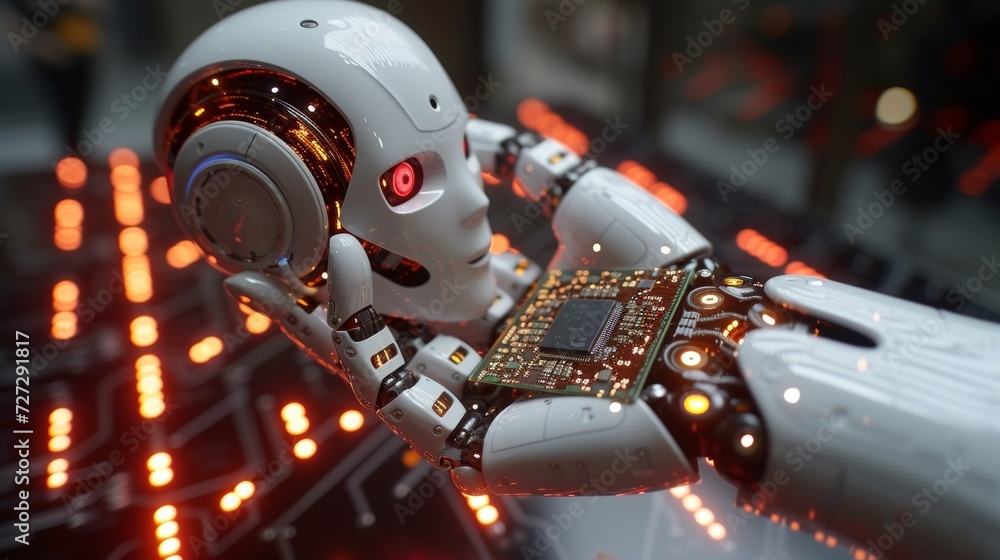 Android robot hand holds artificial intelligence chip in artificial intelligence Stock ...