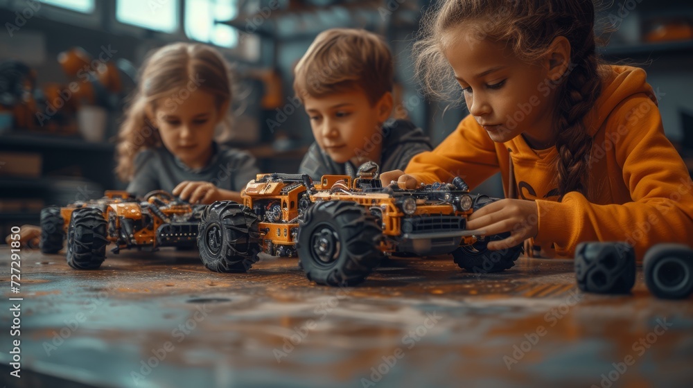Children in STEM education science engineering class build robotic cars ...