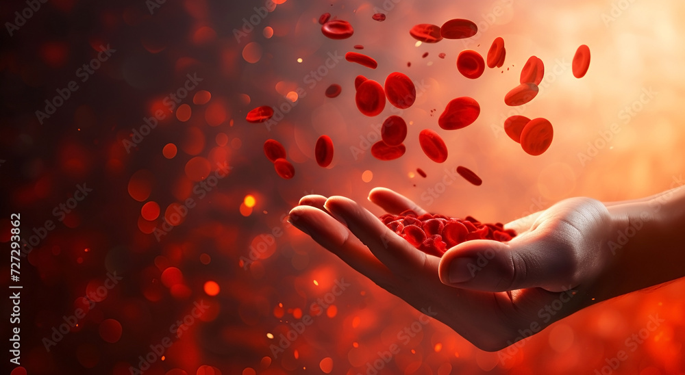 The hand holds 3d blood cells. World Hemophilia Day. Stock Illustration ...