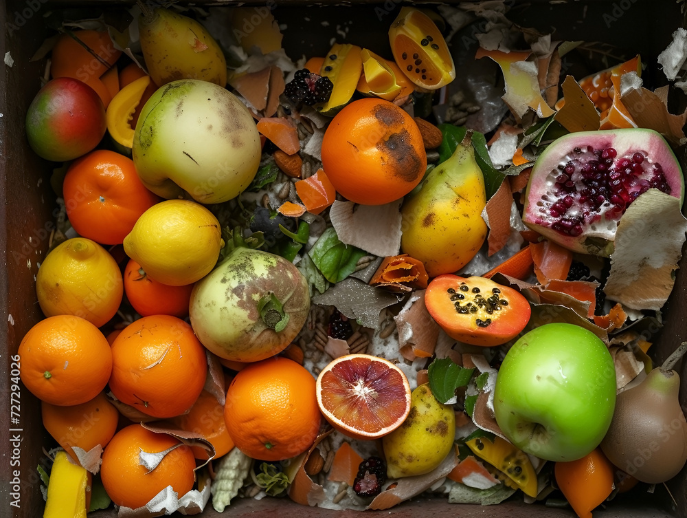 Visual contrast between fresh fruits and food remnants in a trash bin ...