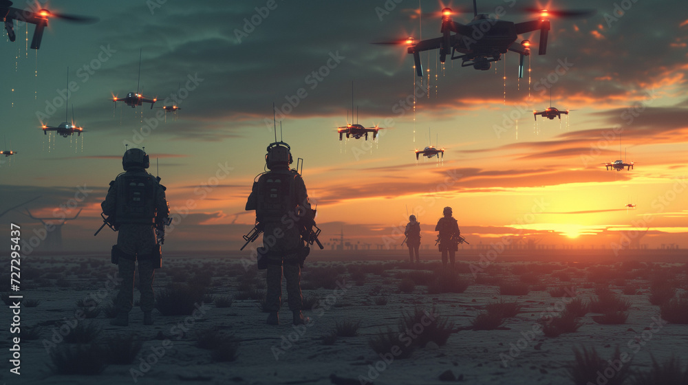 Troops with drones against sunset sky. Suitable for defense technology ...
