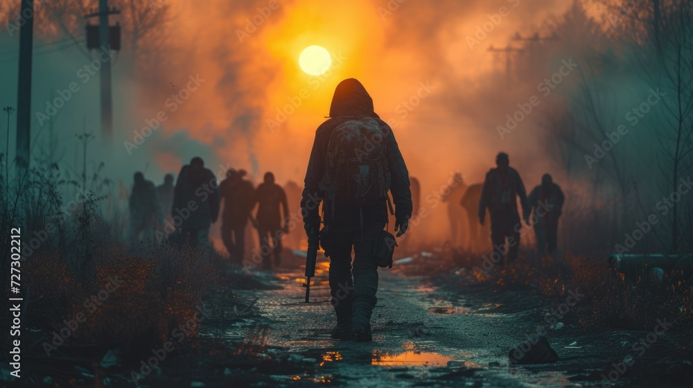 Man with gun goes to kill scary walking dead. Zombie attack. War ...