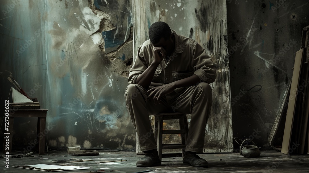 Poor artist sitting and imagining the art he is about to create ...