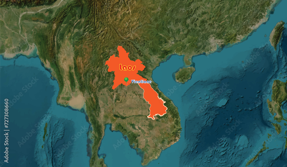 Laos map on the world background. The country is a South East Asian ...
