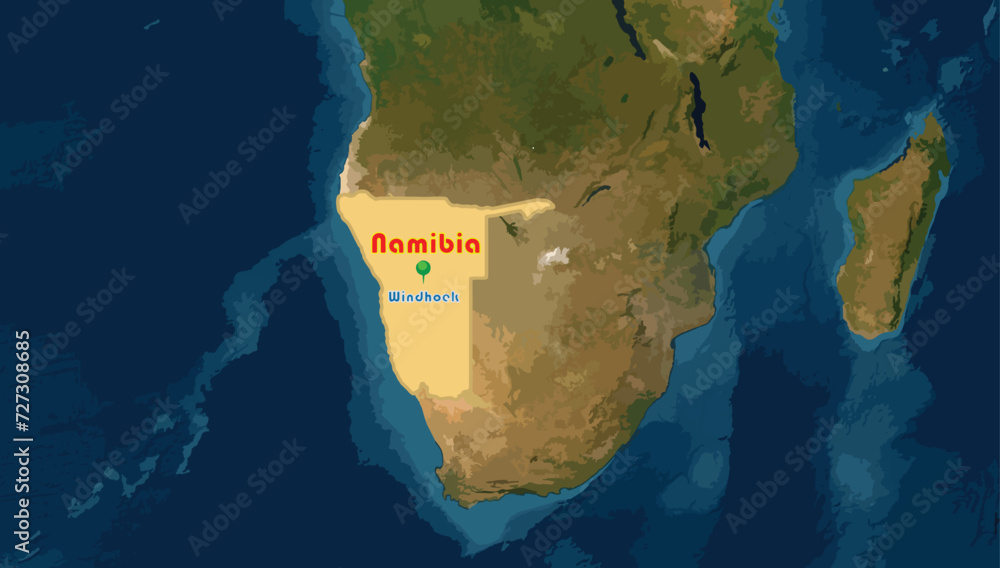 Nambia map on the world background. The capital city is Winhoek ...