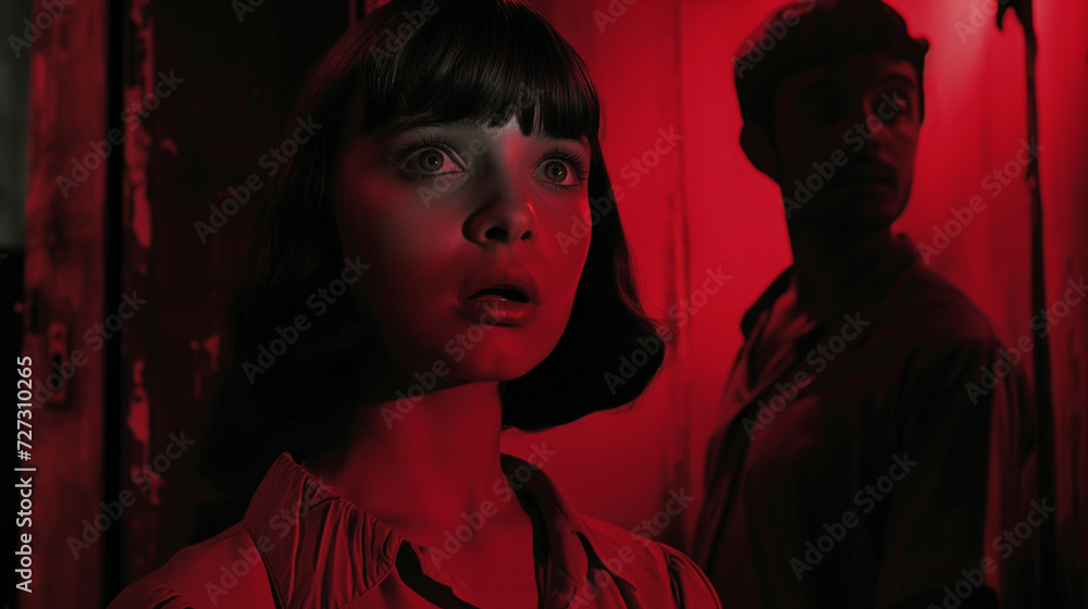 A horror movie scene inspired by the 1960s, featuring a woman with ...