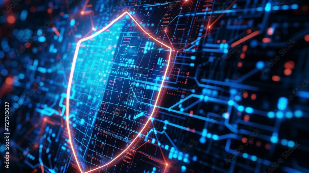 Cyber Shield A futuristic depiction of a shield composed of ...